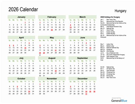Holiday Calendar 2026 For Hungary