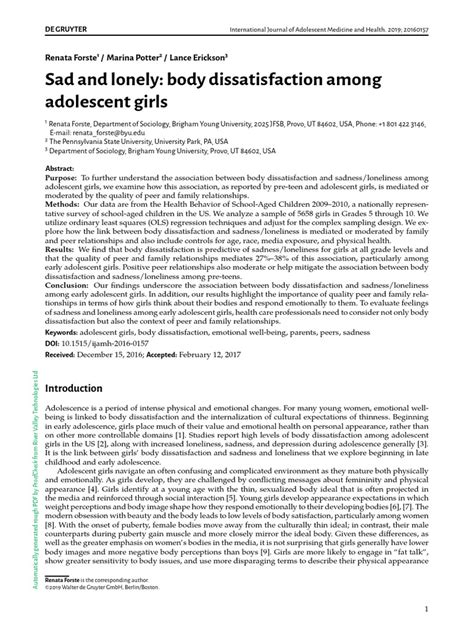 Sad And Lonely Body Dissatisfaction Among Adolescent Girls Forste Potter And Erickson Pdf