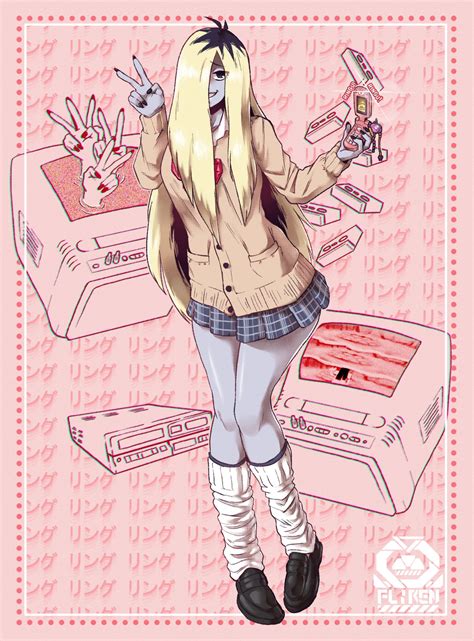 Yamamura Sadako Tamagotchi The Ring Highres 1girl Black Hair Black Nails Blonde Hair