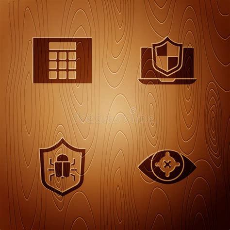 Set Eye Scan Password Protection System Bug And Laptop Protected With Shield On Wooden