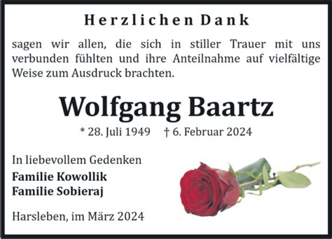 Traueranzeigen Von Wolfgang Baartz Abschied Nehmen De