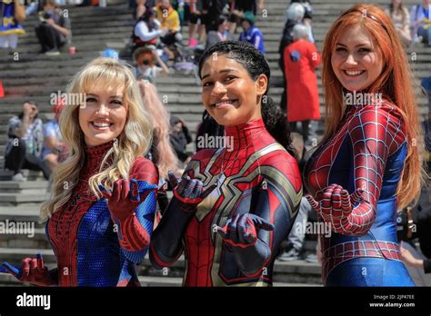 Three Girls In Spider Woman Outfit Female Cosplayers In Costume