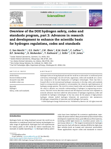 Pdf Overview Of The Doe Hydrogen Safety Codes And Standards Program
