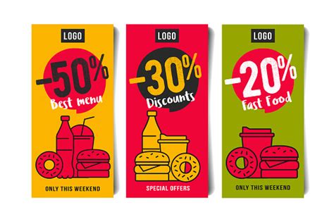 패스트 푸드 레스토랑 또는 배달 서비스를위한 트렌디 한 컬러 할인 전단지 선형 음식 및 음료 콤보 메뉴 구성이있는 템플릿 디자인 점심에 대한 스톡 벡터 아트 및 기타 이미지
