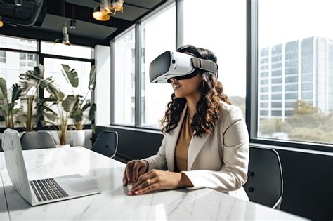Premium Photo A Woman Using A Vr Headset At A Desk