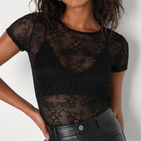 Lulus Tops Clearly Sultry Black Lace Sheer Short Sleeve Top Lulus