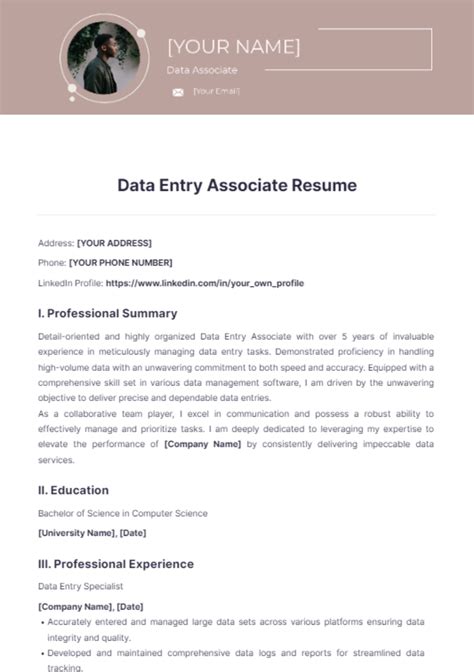 Free Data Entry Associate Resume Template To Edit Online
