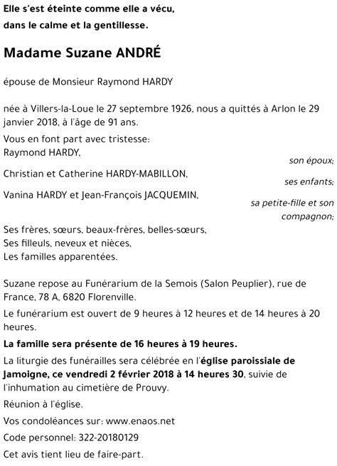 Avis De Décès De Suzane AndrÉ Décédé Le 29 01 2018 à Arlon Annonce