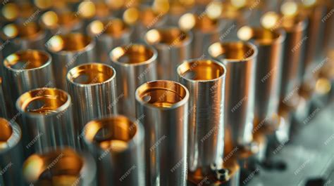 Closeup Of Metallic Cylindrical Components With Golden Interiors
