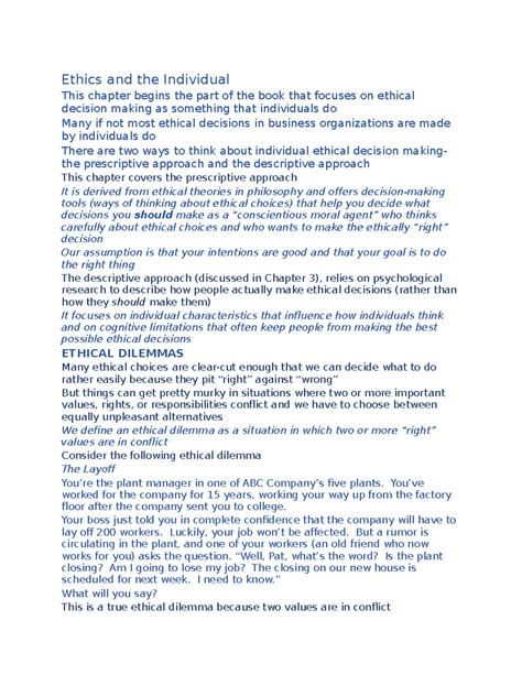 Chpt 2 Deciding What Is Right A Prescriptive Approach Ethics And The Individual This Chapter