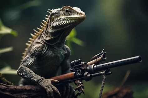 Premium Photo Fantasy The Lizard Ready For War With Weapon And Stand With 2 Foot
