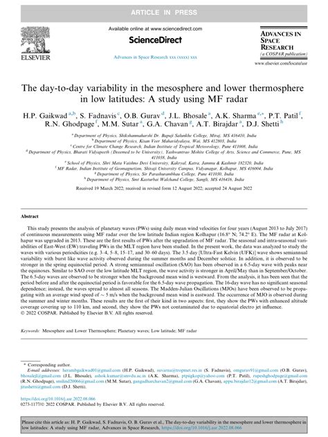 Pdf The Day To Day Variability In The Mesosphere And Lower Thermosphere In Low Latitudes A