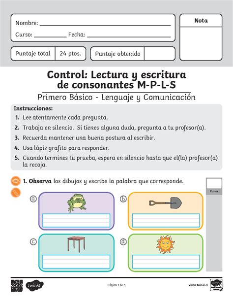 Control De Lectura Y Escritura De Consonantes M P L S 1º Básico Studocu