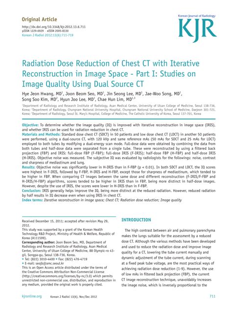 Pdf Radiation Dose Reduction Of Chest Ct With Iterative Reconstruction In Image Space Part I