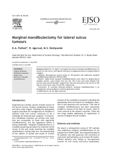 Pdf Marginal Mandibulectomy For Lateral Sulcus Tumours