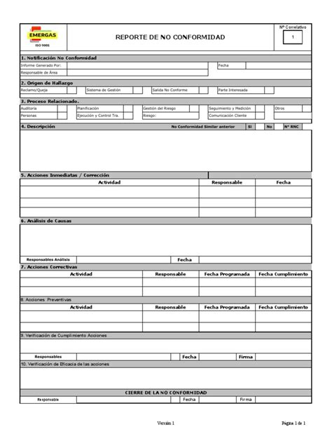 Formato Reporte De No Conformidad Pdf