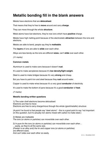 Metallic Bonding Combined Lesson Plan Presentation Worksheets Notes