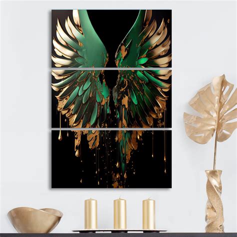 Everly Quinn Eleya Green And Gold Angel Wings Ii On Canvas 3 Pieces