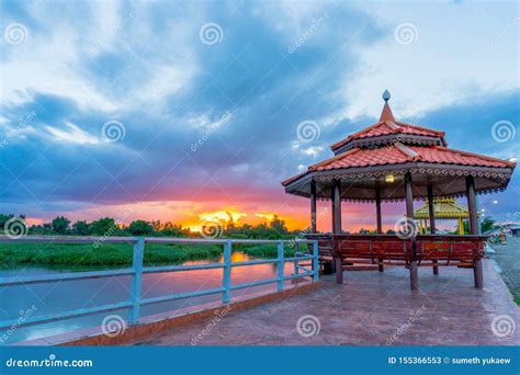 The Beautiful Pavilion Near The River With The Beautiful Sunset On The