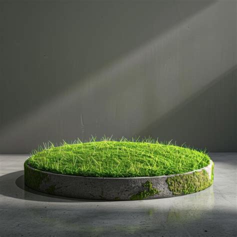 Grassy Circular Platform With Concrete Base And Grey Background