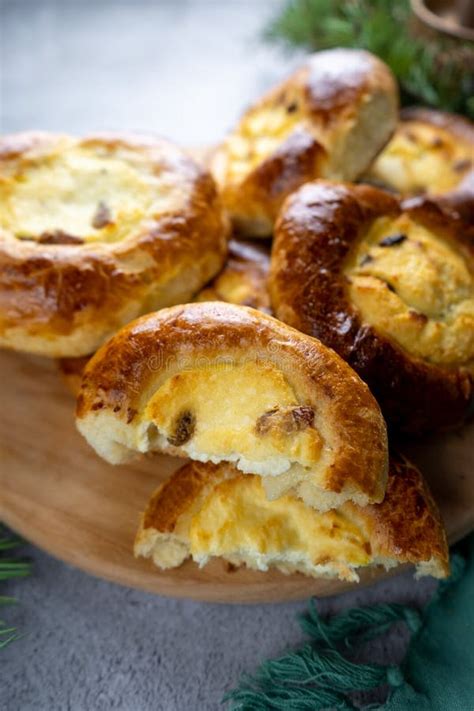 Traditional Russian Baking Pastry Vatrushka Round Buns Curd Tart