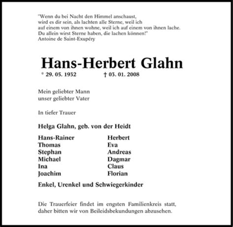 Traueranzeigen Von Hans Herbert Glahn Trauer In Nrw De