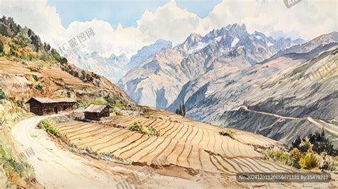 Ai创作图插画高原 高原插画 梯田水彩画 山村插画 新疆水彩 梯田水粉画 插画农村 稻全景画 乡村场景插画 迪庆手绘 新疆风景插画 水彩手绘
