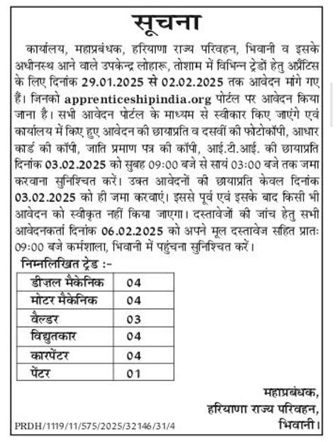 Bhiwani Roadways Apprentice Online Form 2025