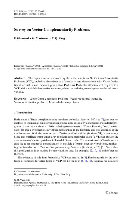 Pdf Survey On Vector Complementarity Problems Giandomenico Mastroeni