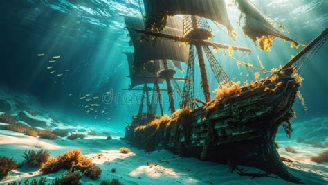 An Underwater Scene Of A Ship S Wreckage Resting On The Seabed Amidst