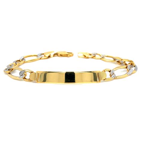 14k Gold Mens 7mm Solid Figaro Pavé Link Id Bracelet With Custom Gold