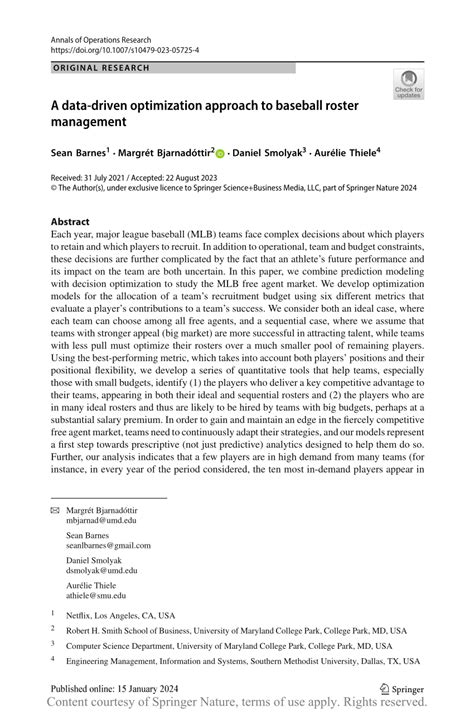 A Data Driven Optimization Approach To Baseball Roster Management