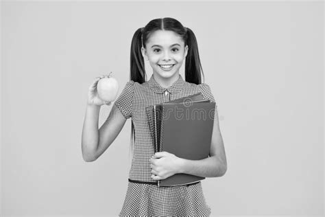 Schoolgirl With Copy Book Posing On Isolated Background Literature Lesson Grammar School Stock