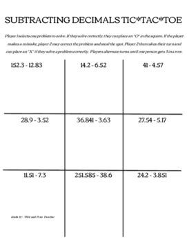 Adding Subtracting Decimals Tic Tac Toe By Wild And Free Teacher