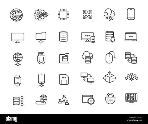set of linear computer technology icons database icons in simple