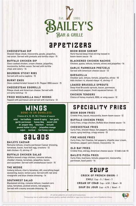 Menus Baileys Bar And Grille Levittown Pa