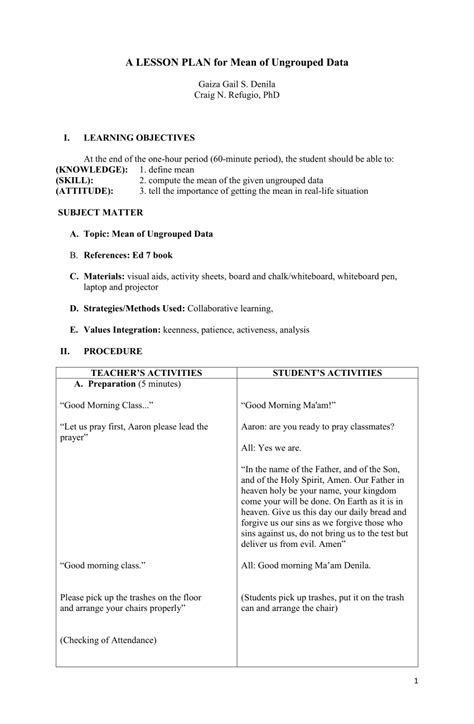 Pdf A Lesson Plan For Mean Of Ungrouped Data