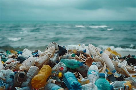 Premium Photo | A pile of plastic bottles and bags covering a beach and polluting the ocean