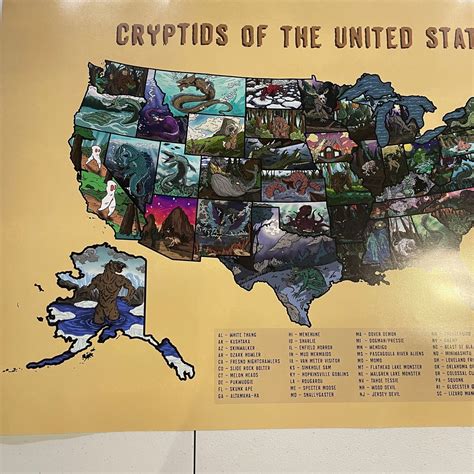 Cryptids Of The United States Map With A Legend 24x36 Glossy Print