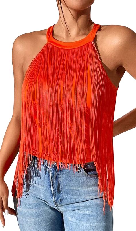 Womens Fringe High Neck Tank Tops Sleeveless Halter Tassel Tops Solid