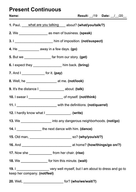 Printable Present Continuous Exercises Pdf Worksheet With Answers