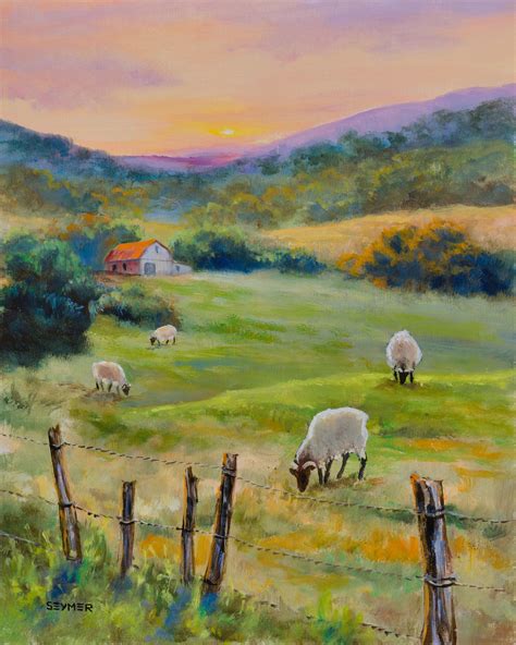 Original Rural Art Farm Sheep Pastoral Field Scene Countryside