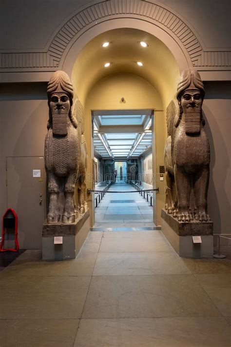 Ancient Assyrian Lamassu Statues Flank A Museum Entrance British Museum Uk Editorial
