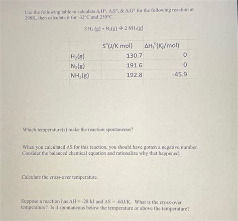 solved use the following table to calculate a hº as and a gº