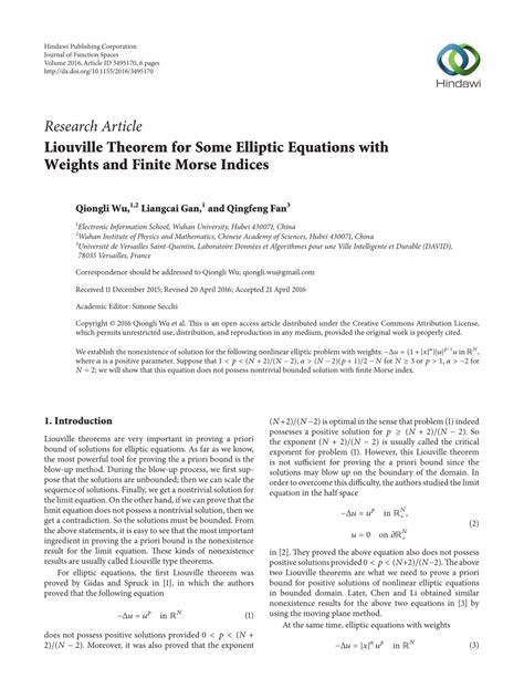 Pdf Liouville Theorem For Some Elliptic Equations With Weights And