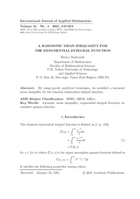 (PDF) A Harmonic Mean Inequality for the Exponential Integral Function | Kwara Nantomah ...