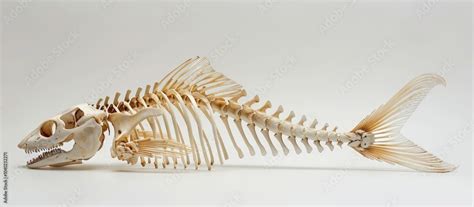 Salmon Skeleton With Missing Fins On A White Backdrop Providing Copy