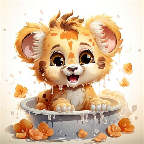 Premium Photo Adorable Illustrated Lion Cub Taking A Bubbly Bath