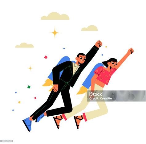 사업가와 사업가는 혁신 경력 발전 팀워크 야망을 상징하는 플랫 벡터 일러스트 레이 션에서 Jetpacks와 함께 비행 흰색 배경에 고립되어 있습니다 개발에 대한 스톡 벡터