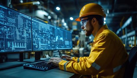 Engineer Working On Complex Data Analysis At Modern Industrial Workspace With Multiple Computer